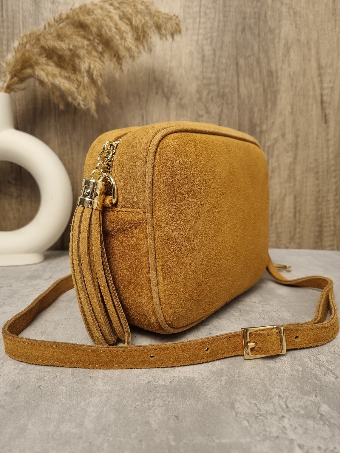 Real Suede Leather Brown Tassel Crossbody Bag/ Tan Suede Leather ...