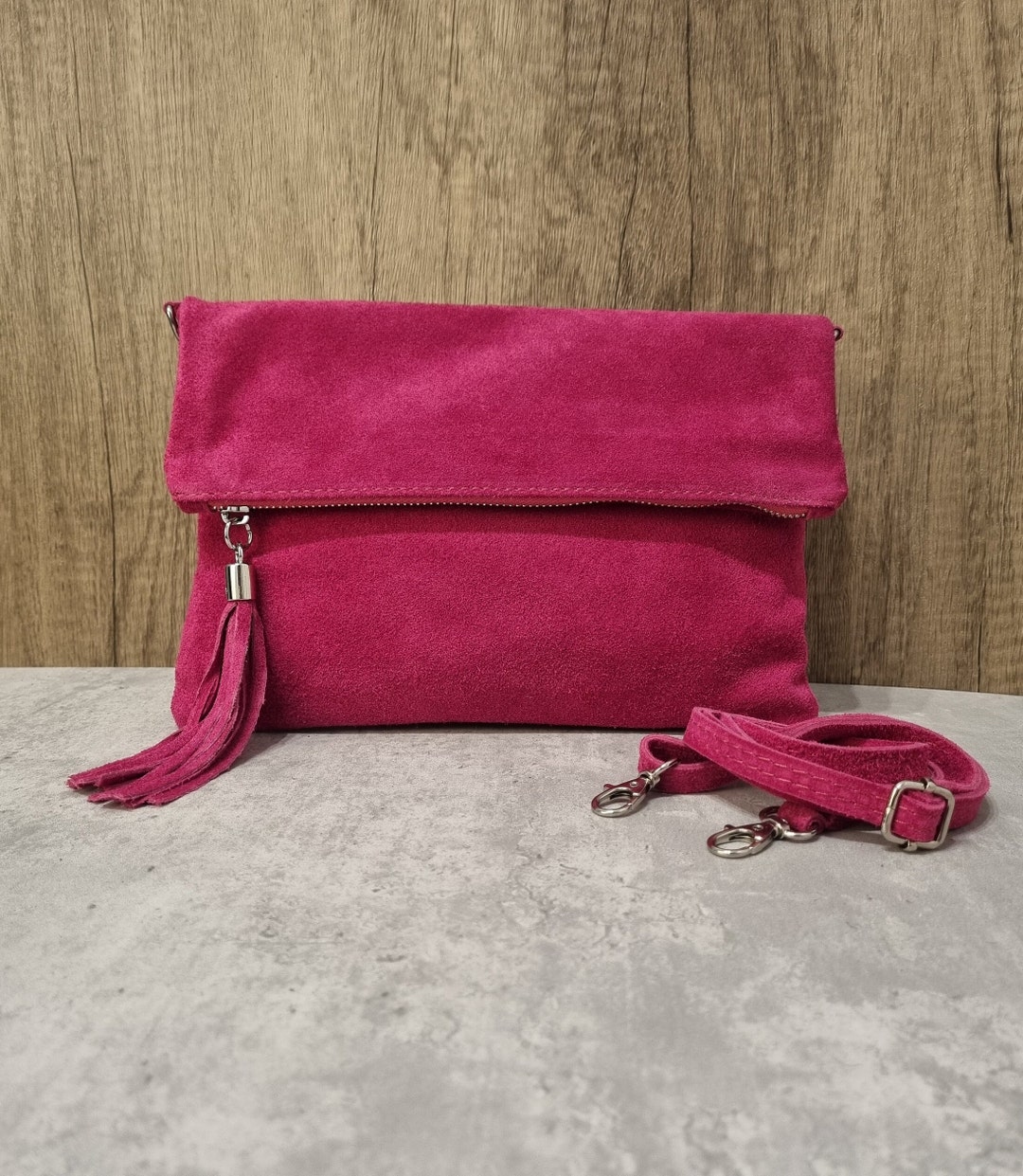 Real Suede Leather Magenta Tassel Crossbody Bag/ Suede Leather Fuchsia ...