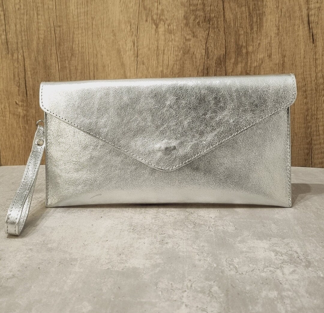 Metallic Real Leather Silver Clutch Bag Silver Evening Bag Silver Party ...
