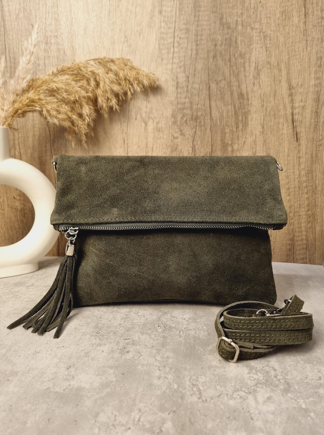 Olive Green Suede Leather Crossbody Bag With Tassel - Etsy