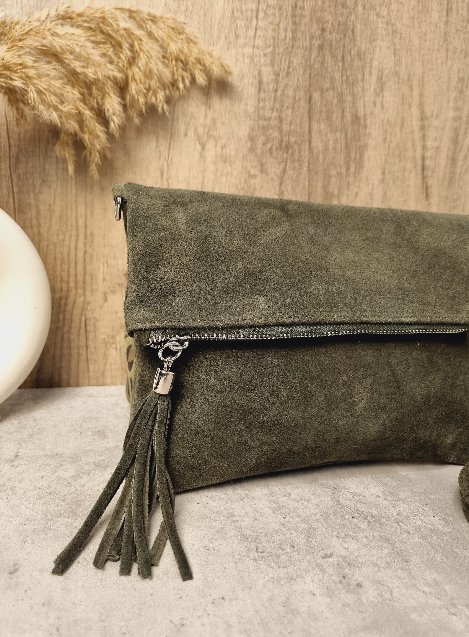 Olive Green Suede Leather Crossbody Bag With Tassel - Etsy
