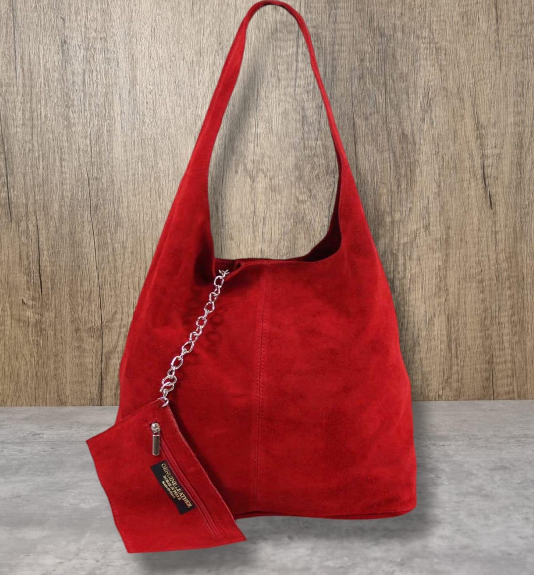 Red Suede Leather Hobo Bag: Slouch Tote With Zippered Purse - Etsy