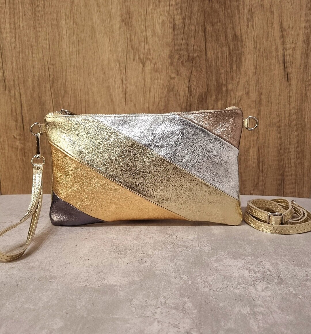 Metallic Real Leather Gold Clutch Bag Gold Evening Bag Gold Party Bag ...