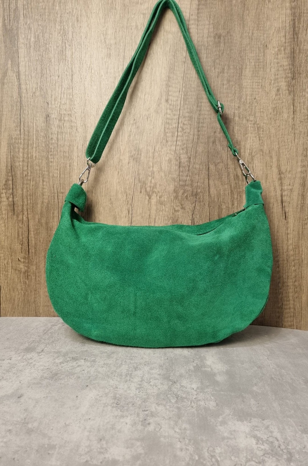 Large Half Moon Real Suede Leather Green Crossbody Bag/ Suede Leather ...