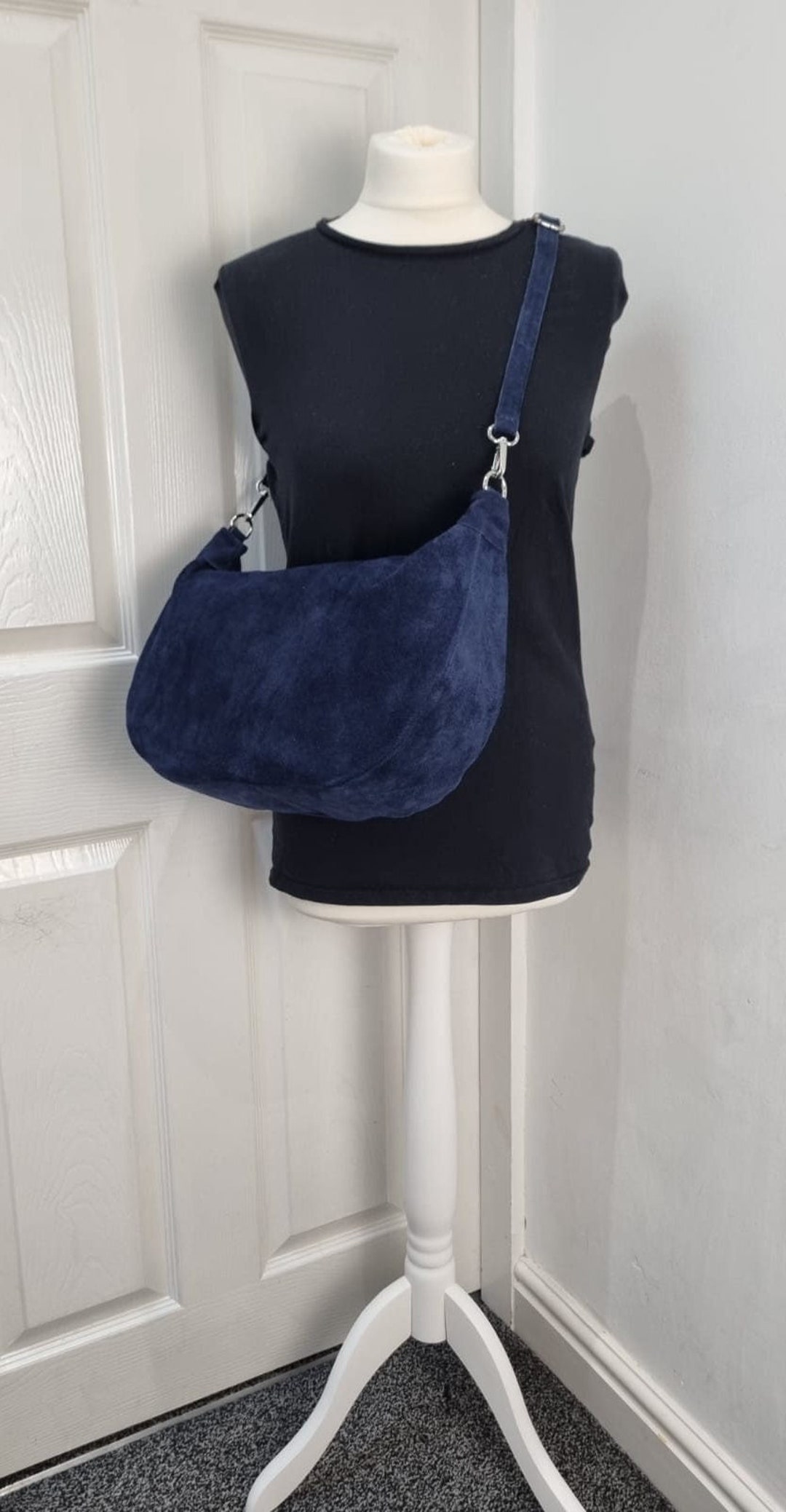 Large Half Moon Real Suede Leather Navy Blue Crossbody Bag/ Suede ...