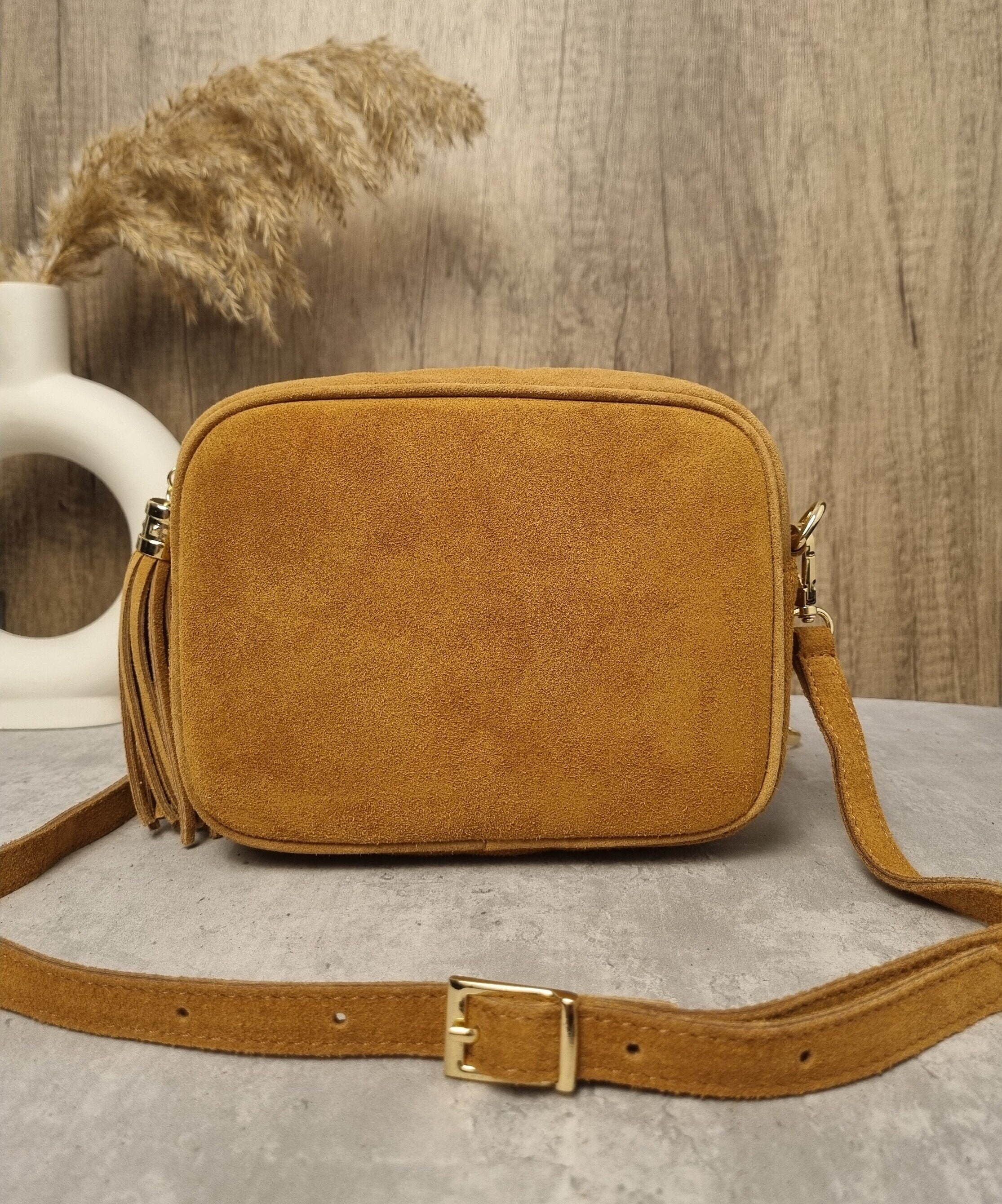 Real Suede Leather Brown Tassel Crossbody Bag/ Tan Suede Leather ...