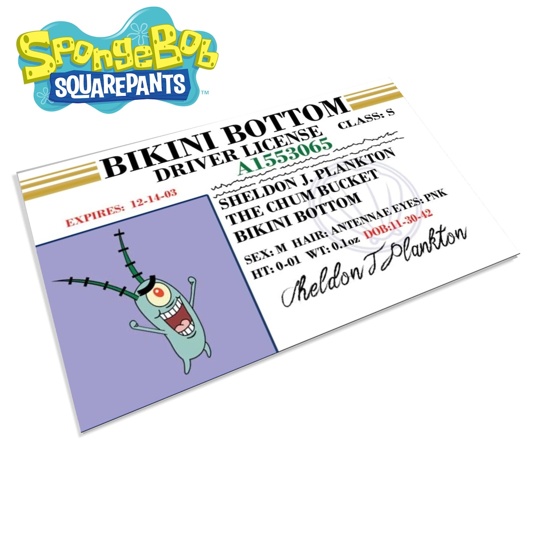 Plankton Bikini Bottom Driving License Spongebob Novelty Fake Replica ...