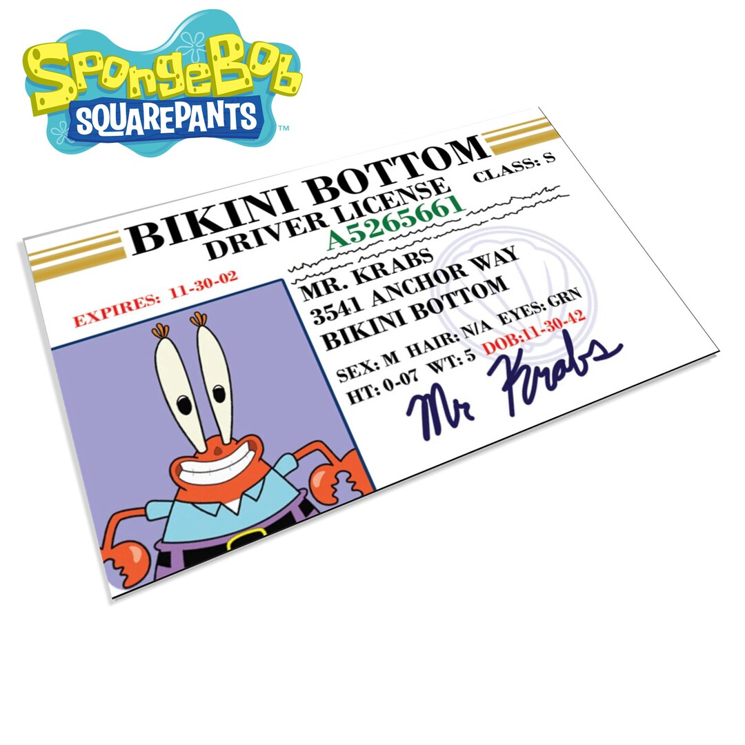 Mr Krabs Bikini Bottom Driving License Spongebob Novelty Fake Replica ...