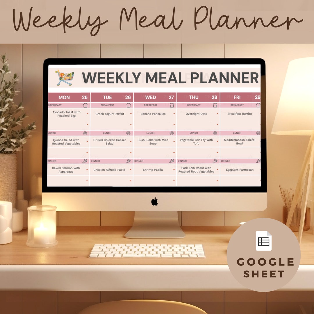 Weekly Digital Meal Planner for Moms and Grocery List Spreadsheet Menu ...