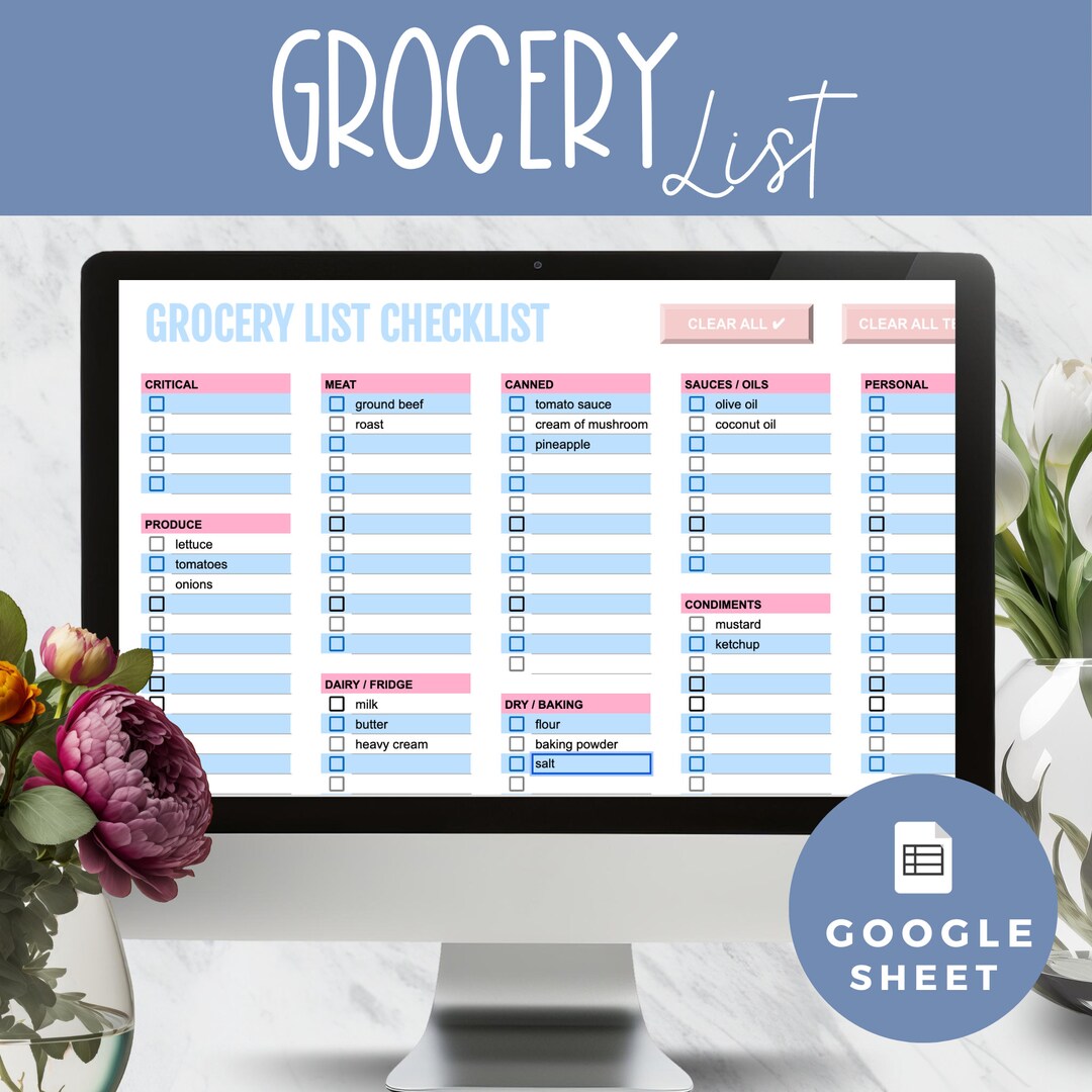 Grocery List Template, Google Sheets, Digital Weekly Meal Planning ...