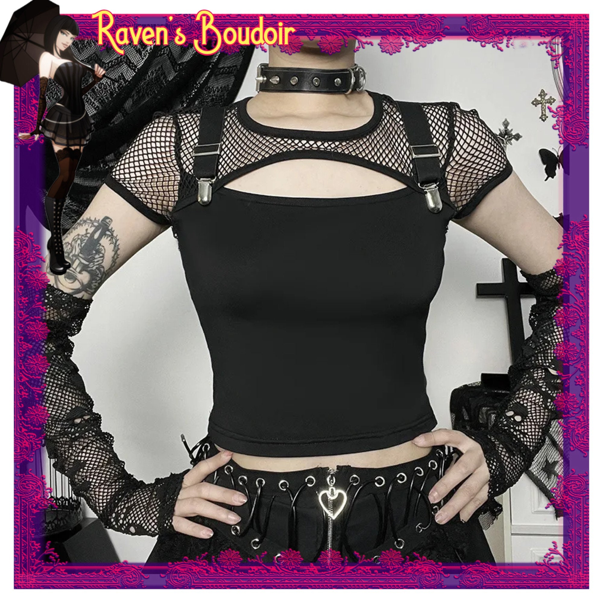 Mall Goth Fishnet Buckles Patchwork Hollowed Out Tee - Etsy