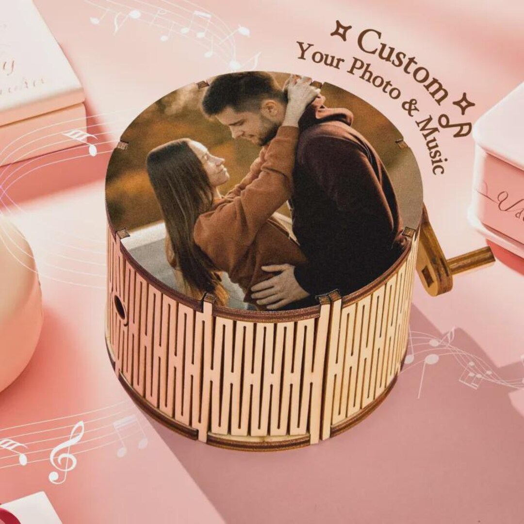Custom Rotating Photo Music Box – Personalized Rechargeable Wooden ...