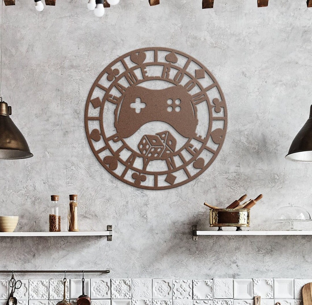 Game Room Play Nice Metal Sign. Video Game Controller, Poker Chip, Dice ...