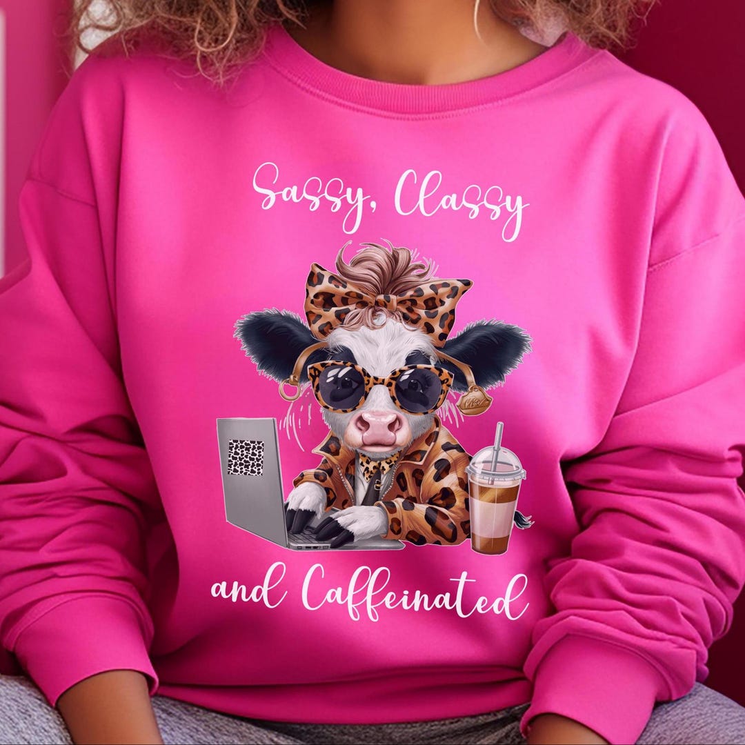 Sassy Cow Cute Highland Cow Cute Cow Sweatshirt, Cow Coffee Addict ...