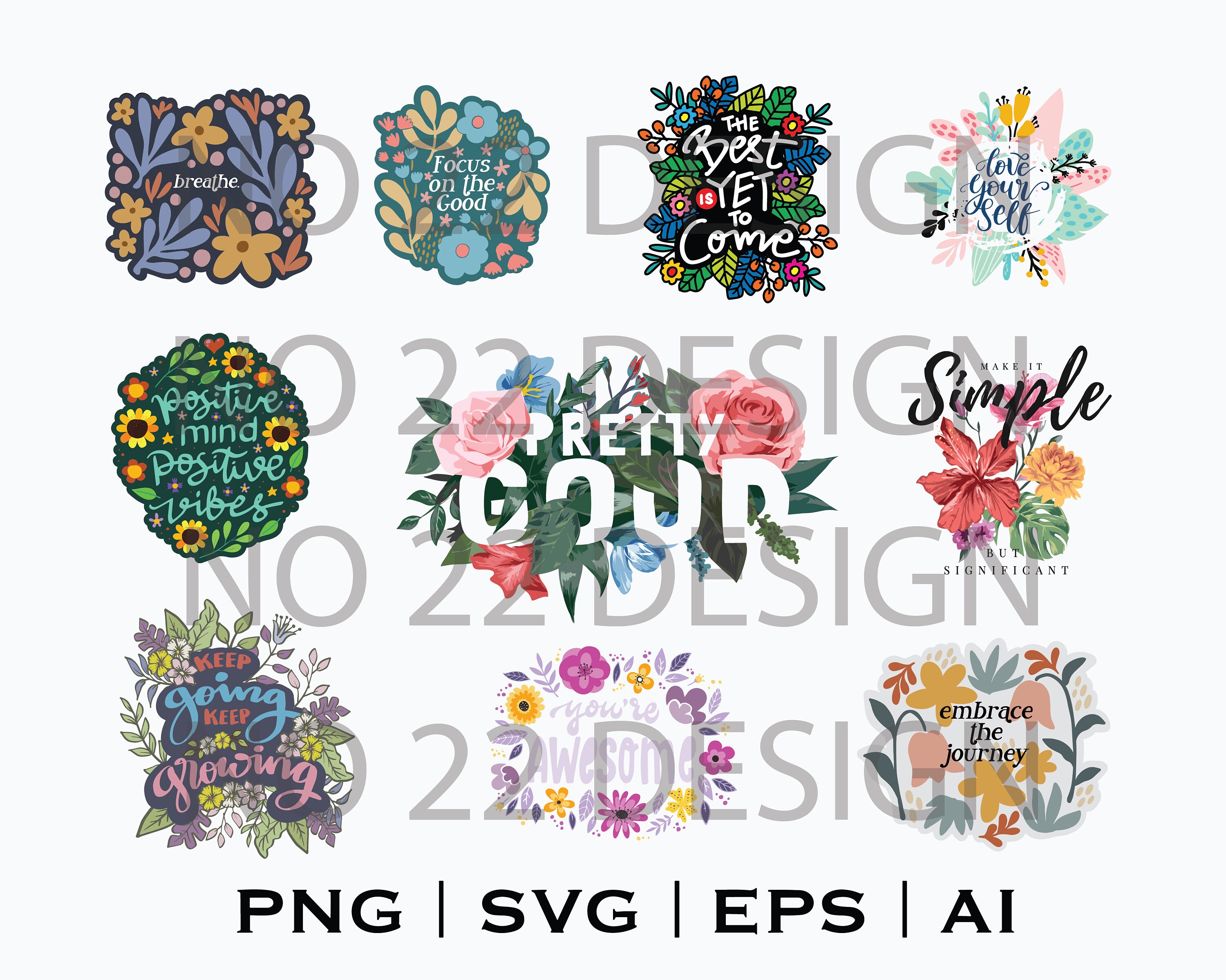 Printable Floral Bundle - 300 PPI Png Svg Eps and Ai Vector Files ...