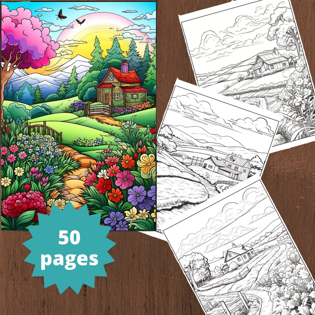 Landscape Coloring Pages, Coloring Book for Adults, Landscape Coloring ...