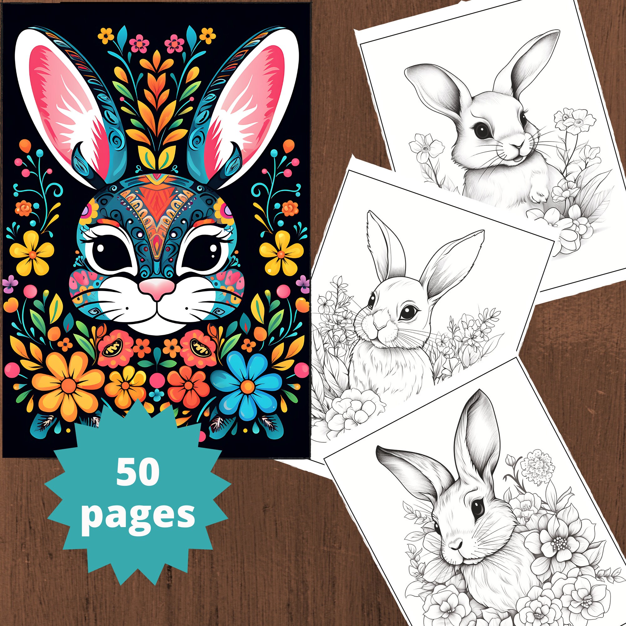 50 Rabbits Coloring Page - Coloring Pages for Kids and Adults, Instant ...