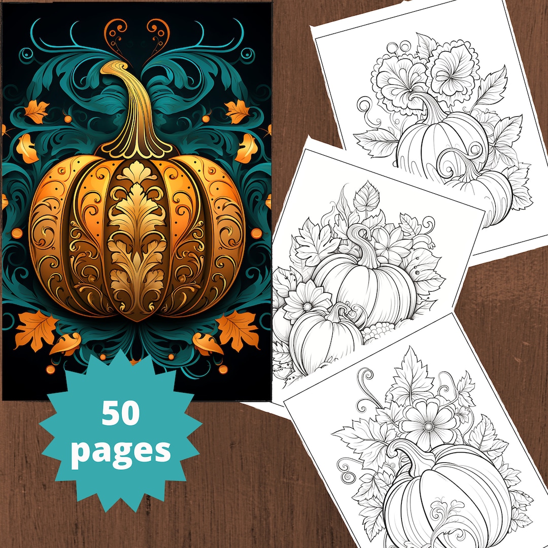 50 Pumpkin Coloring Page, Coloring Book for Adults, Halloween Coloring ...