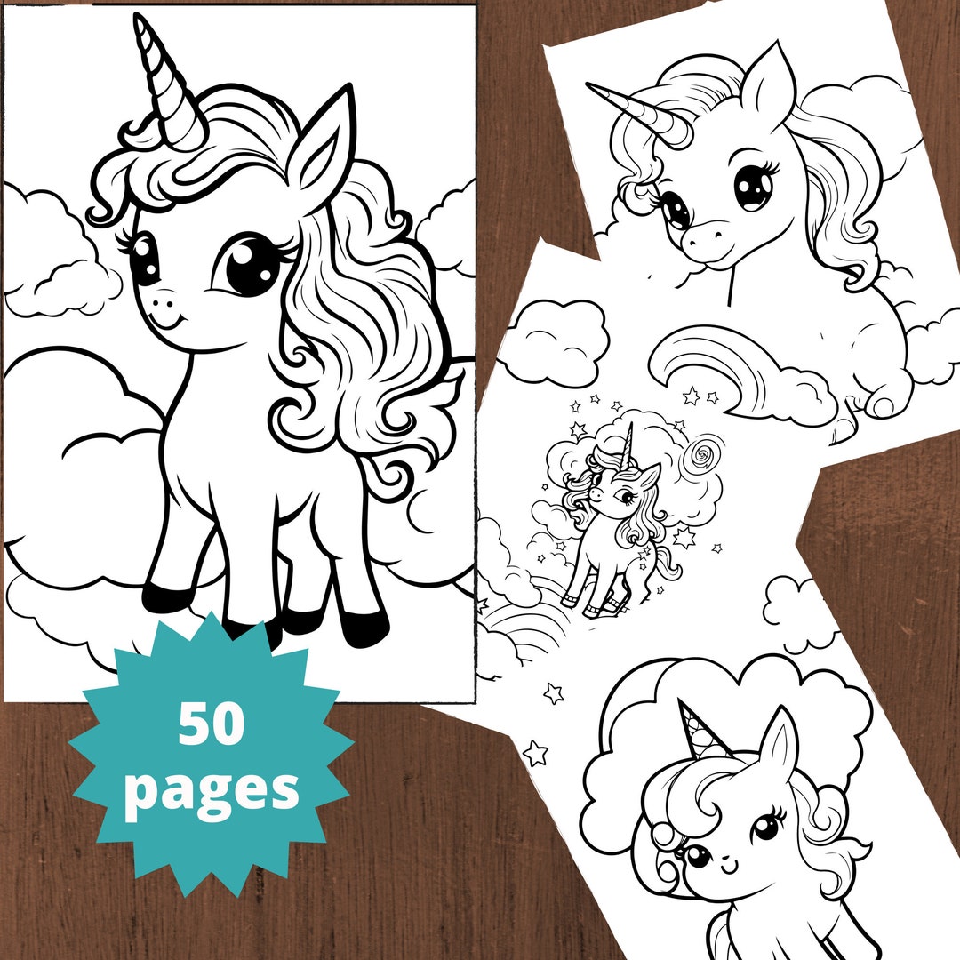 50 Unicorn Coloring Page Book, Horse Cute, Fantasy Kawaii Doodle ...