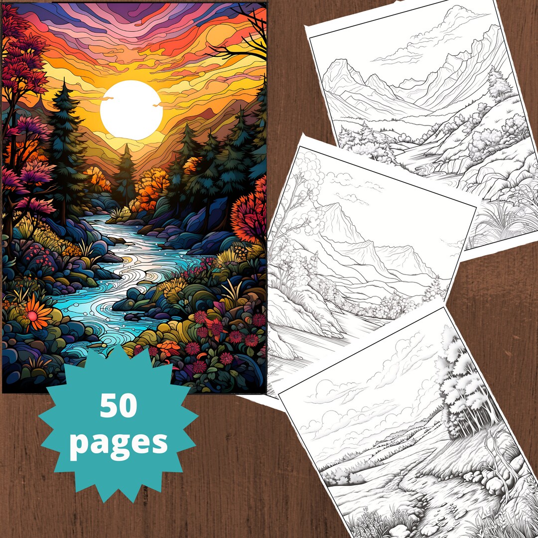 50 Landscape Coloring Page, Coloring Book for Adults, Landscape ...