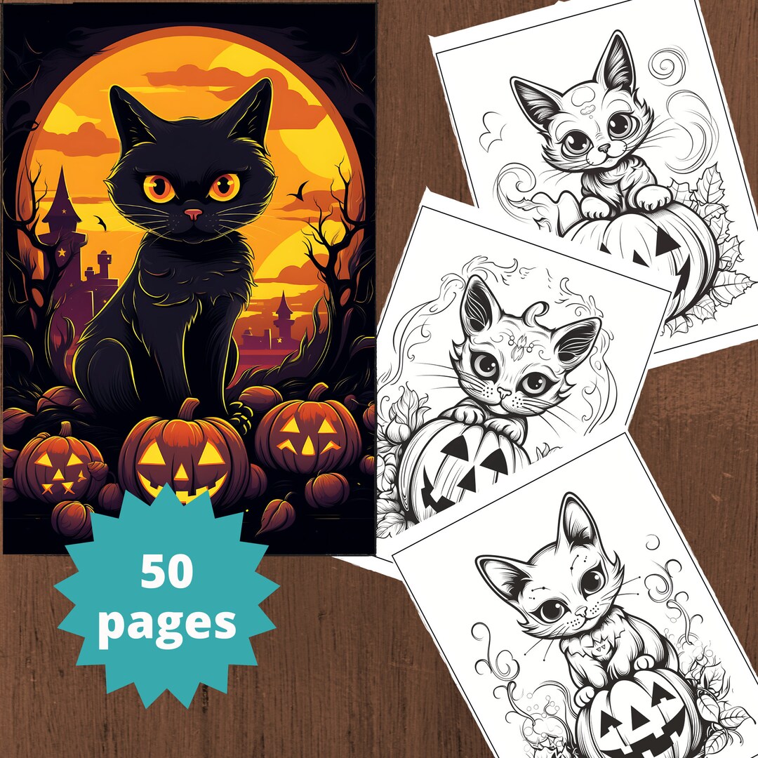 Halloween Cats Coloring, Coloring Pages for Kids and Adults, Creepy ...