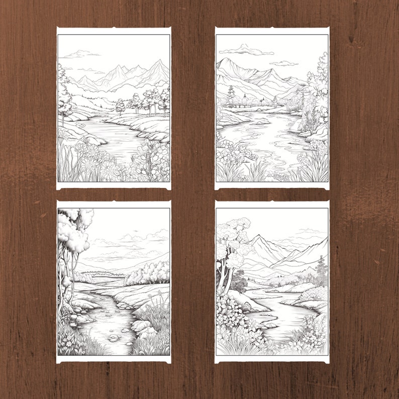 50 Landscape Coloring Page, Coloring Book for Adults, Landscape ...