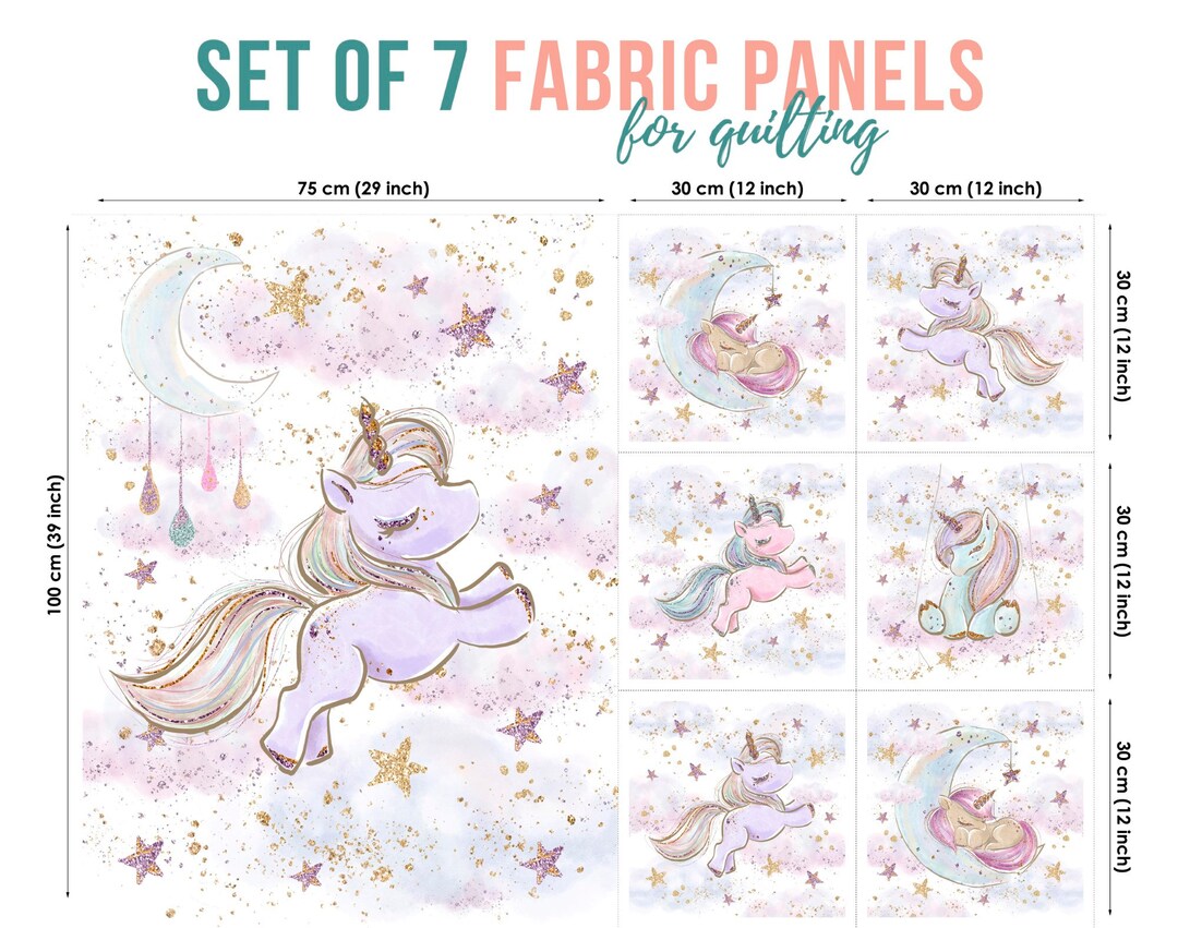 Cute Unicorns Set of 7 Fabric Panels, Unicorn Quilting Fabric, Cotton ...