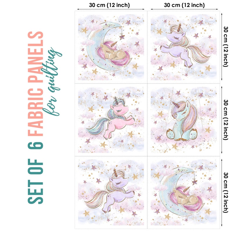 Cute Unicorns Set of 7 Fabric Panels, Unicorn Quilting Fabric, Cotton ...