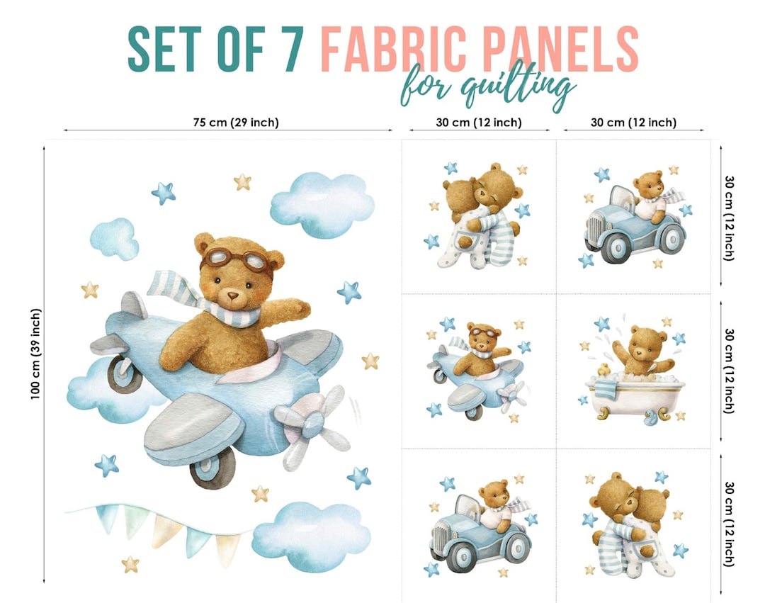 Cute Baby Bear Cotton Fabric Panels, Quilting Fabric Set, Cotton Panel ...