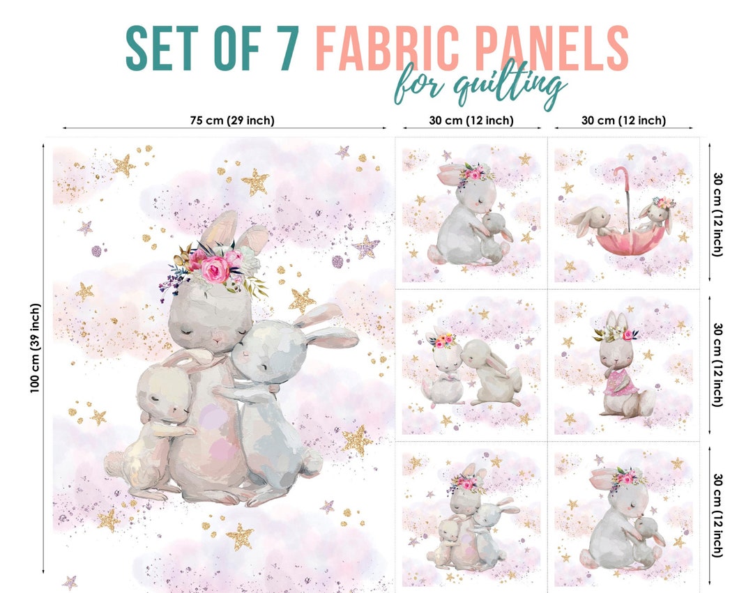 Cute Baby Bunnys Cotton Fabric Panels, Quilting Fabric Set, Cotton ...