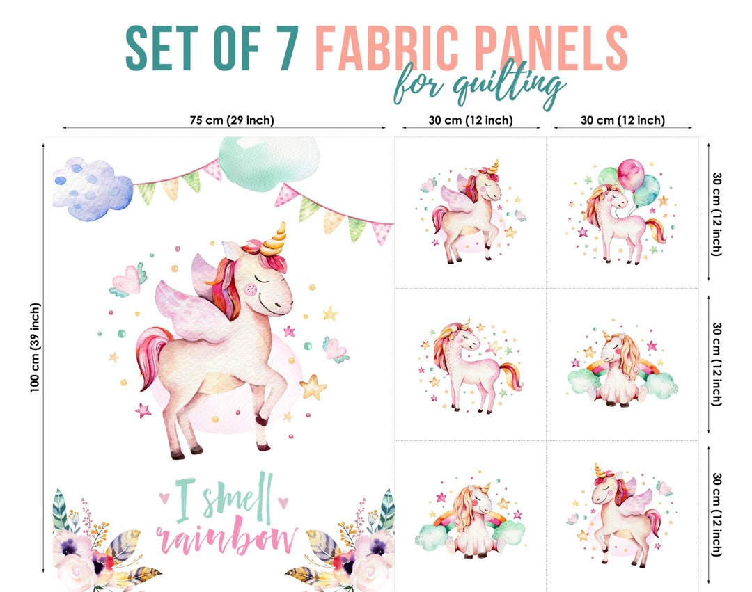 Cute Unicorns Cotton Fabric Panels, Unicorn Quilting Fabric, Cotton ...