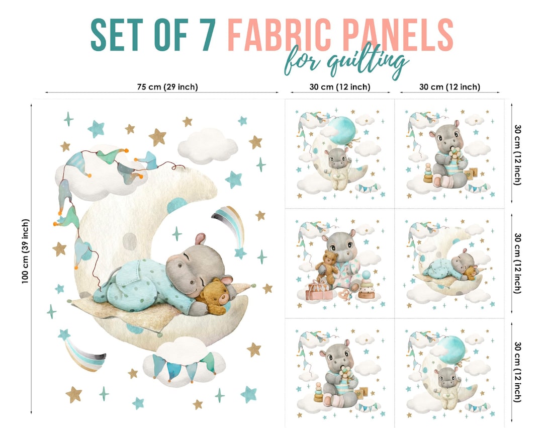 Cute Baby Hippo Cotton Fabric Panels, Quilting Fabric Set, Cotton Panel ...
