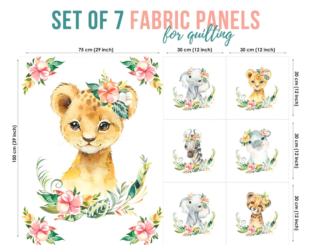 Safari Animals Flowers Cotton Fabric Panels, Baby Animals Safari Fabric ...