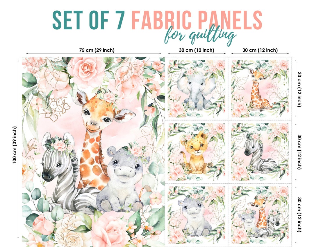 Jungle Safari Animal Cotton Fabric Panel – Giraffe, Hippo & Zebra With ...