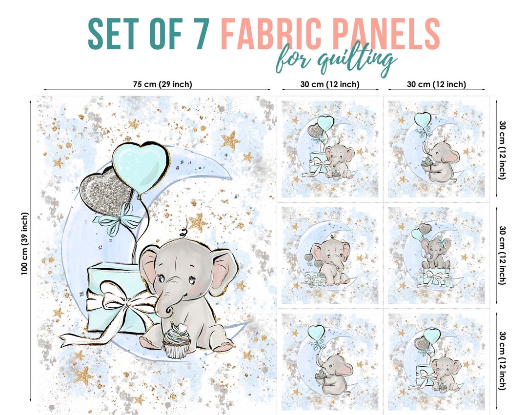 Baby Elephant Set of 7 Fabric Panels, Quilting Fabric Set, Cotton Panel ...
