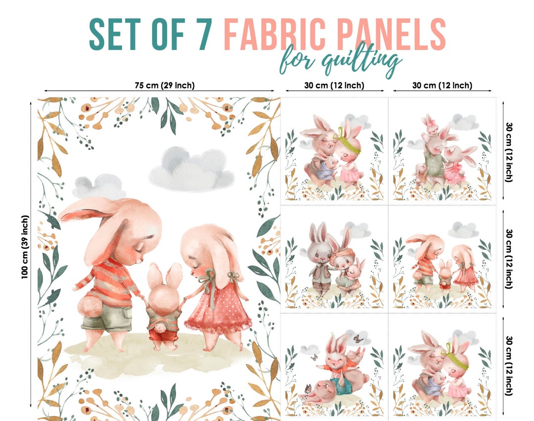Cute Family Bunnys Cotton Fabric Panels, Quilting Fabric, Cotton Baby ...