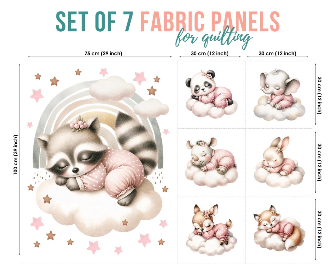 Sleepy Baby Raccoon Cotton Fabric Panels, Baby Animals Fabric Panel ...