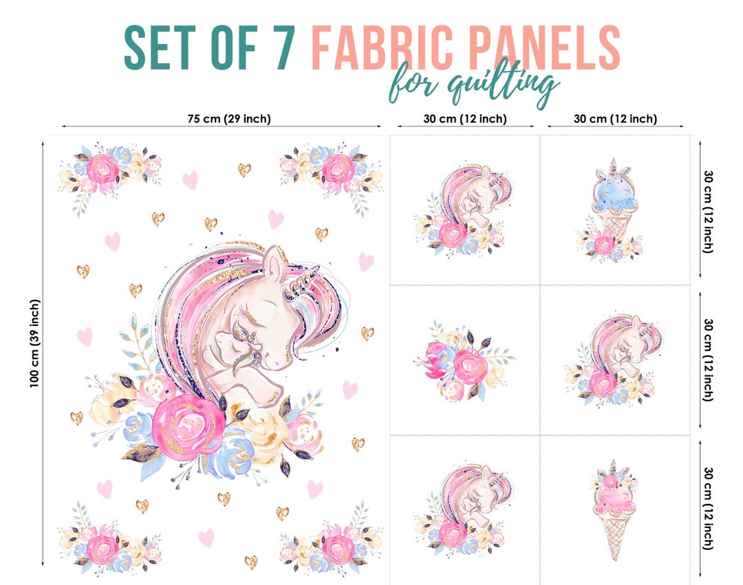 Cute Unicorns Cotton Fabric Panels, Quilting Fabric Set, Cotton Panel ...