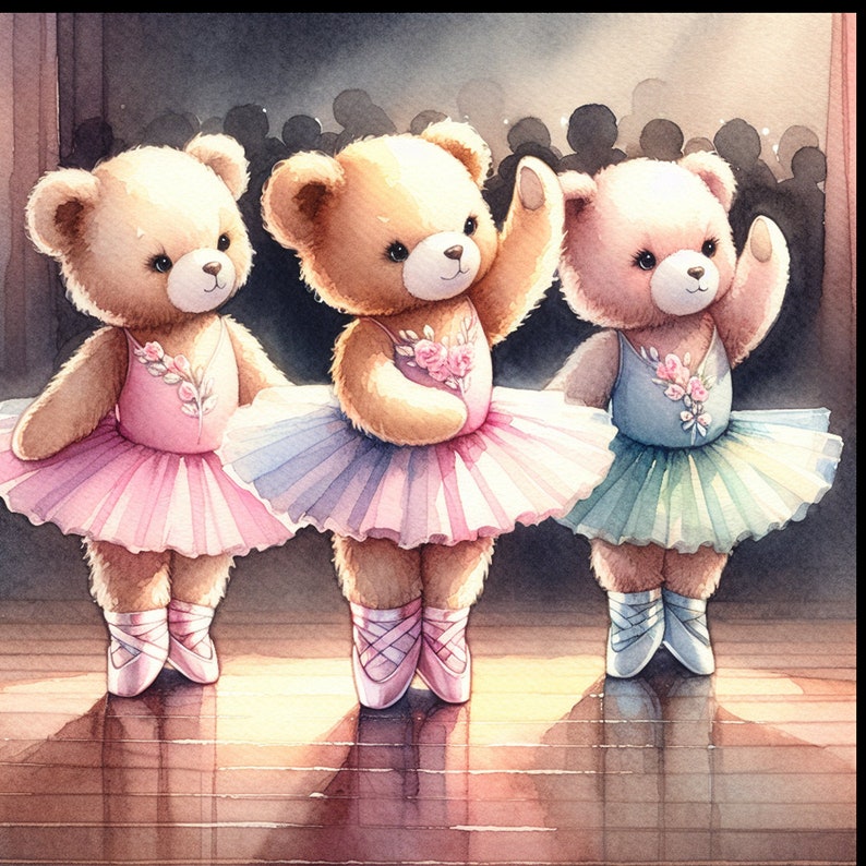 Watercolor Ballerina Teddy Bears Wall Art, Watercolor Ballet Bears ...