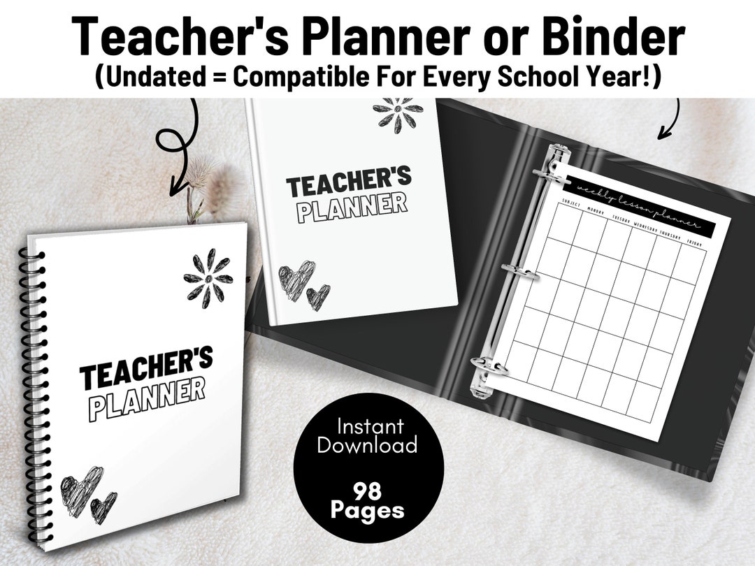 Teacher Planner Printable | Teacher Binder | Undated | B&W | Teacher ...