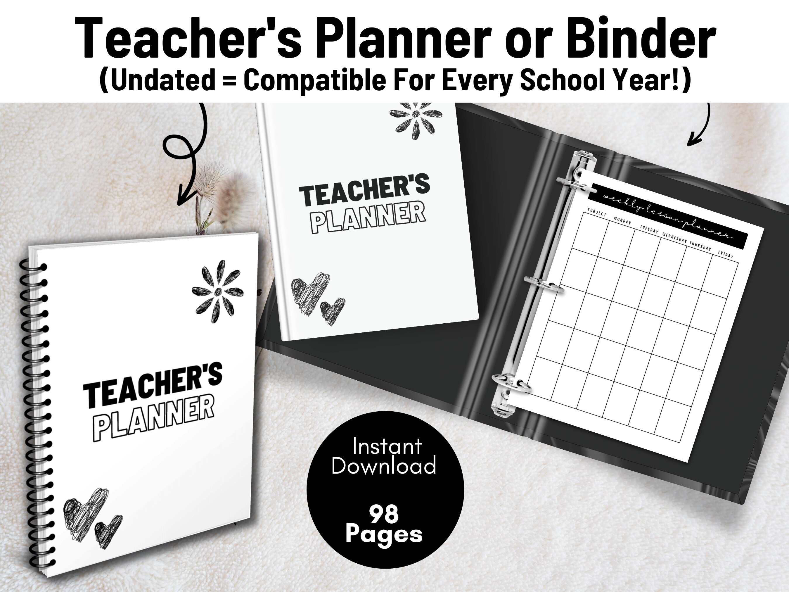 Teacher Planner Printable Teacher Binder Undated B&W - Etsy
