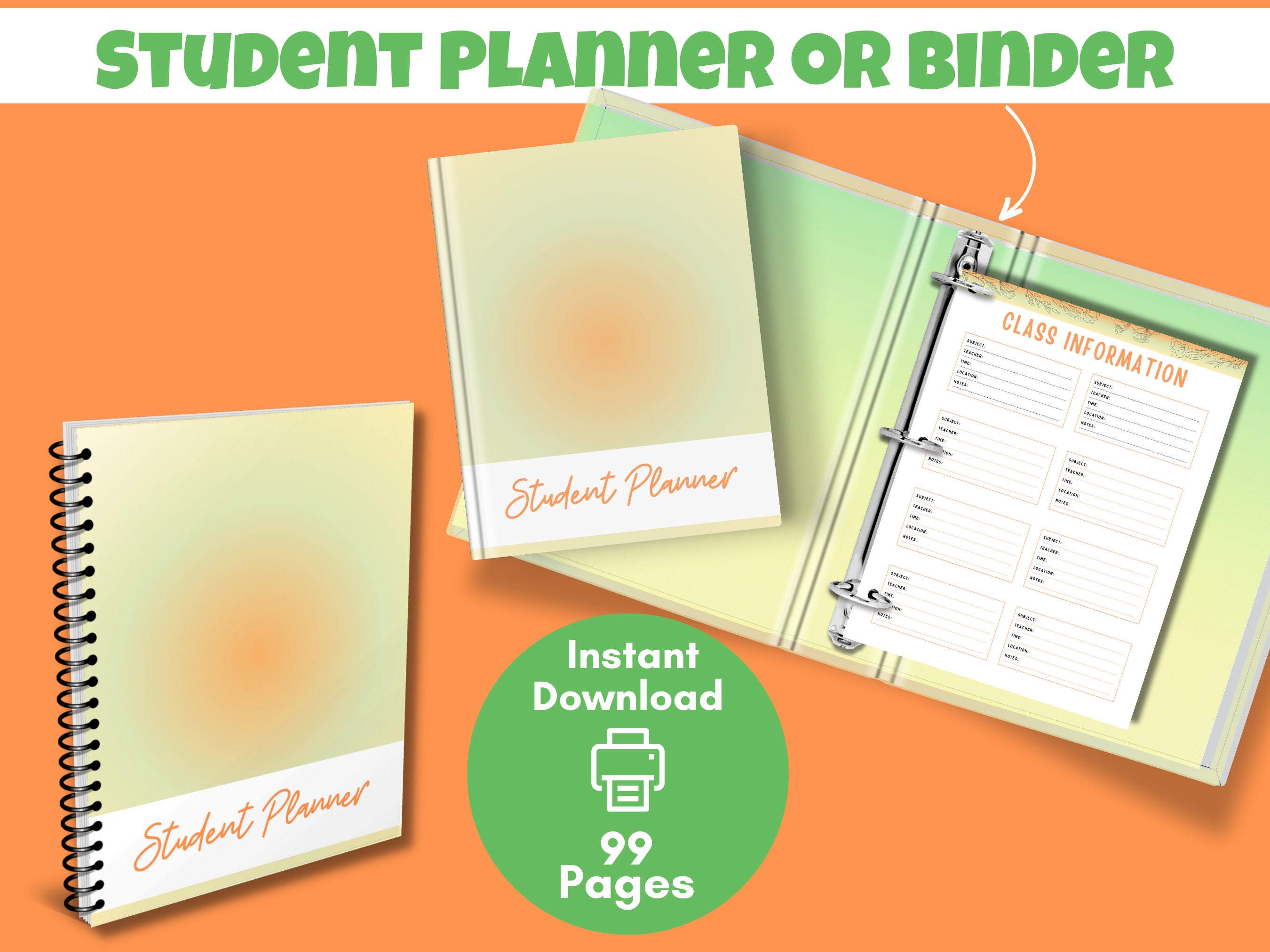 Student Planner Printable | Student Binder | Undated | Orange ...