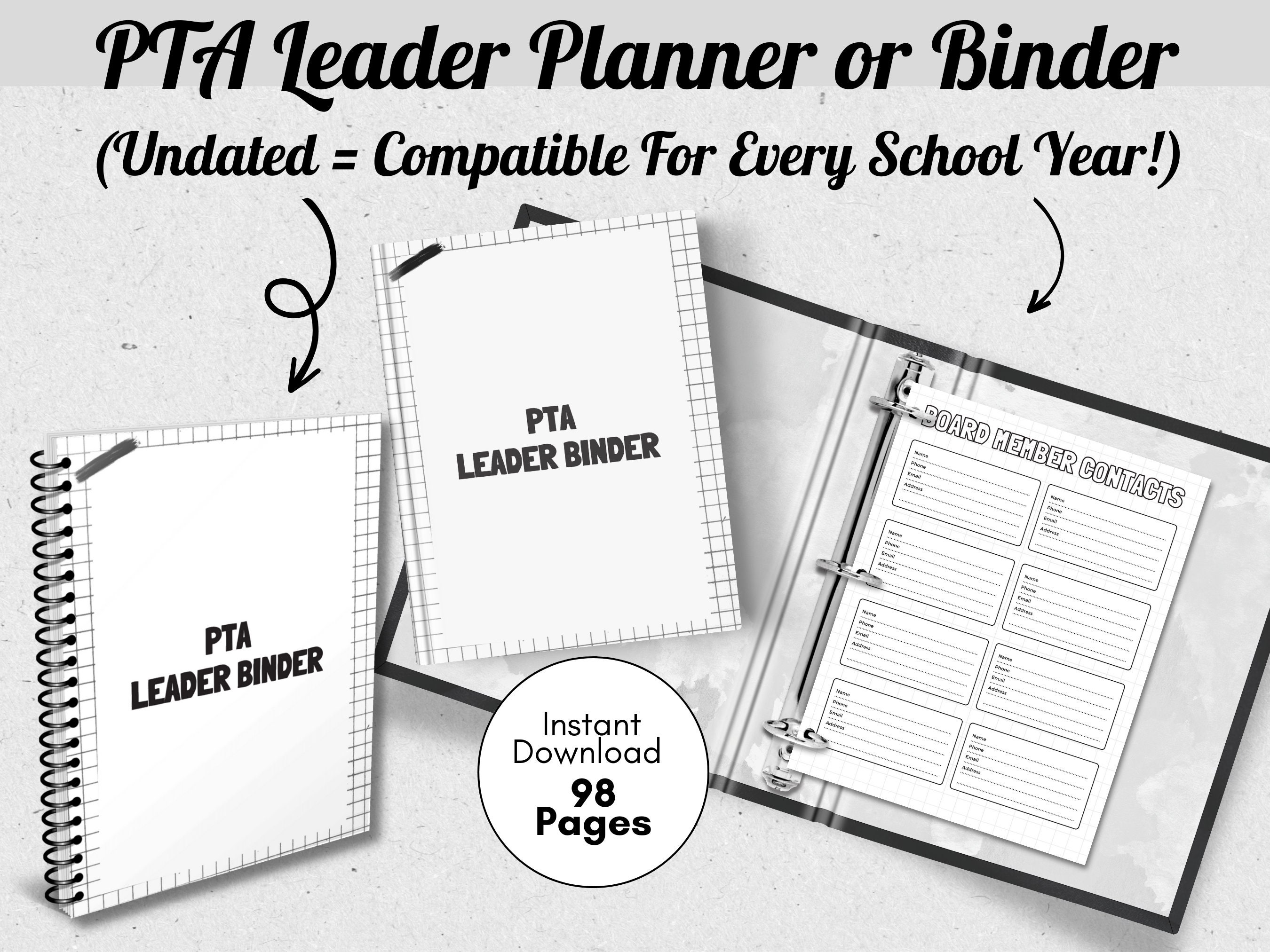 PTA Leader Planner Printable | PTA Leader Binder | Undated | B&W | Pta ...