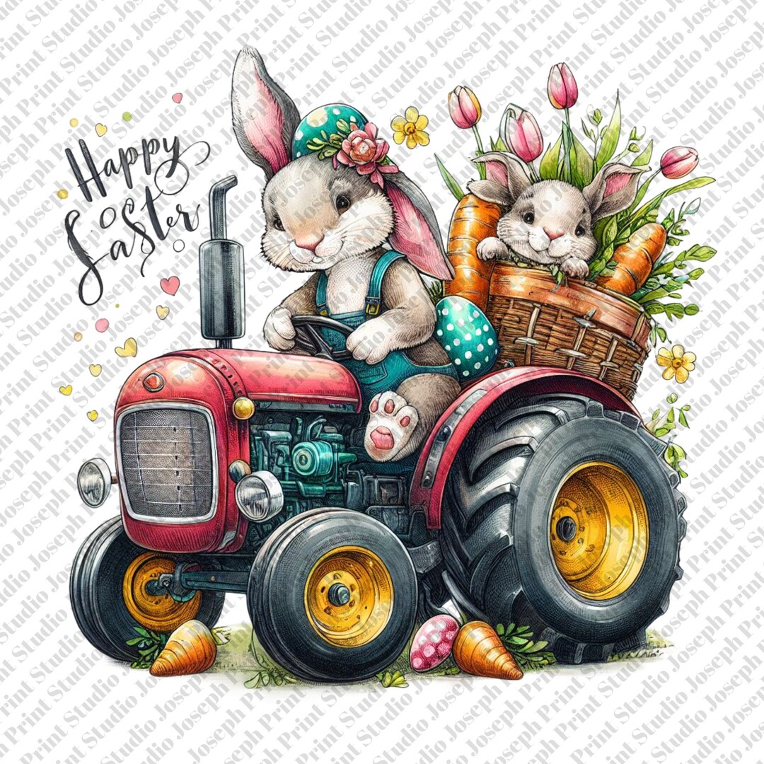 Happy Easter Tractor With Bunny Flowers and Carrot Png, Hand Drawing ...