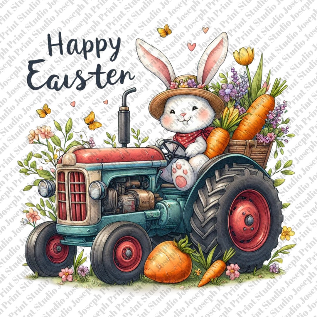 Happy Easter Tractor With Bunny Flowers and Carrot Png, Hand Drawing ...