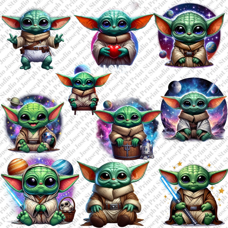 Funny Baby Yoda Clipart PNG Bundle Sticker Sublimation Sublimate Space ...