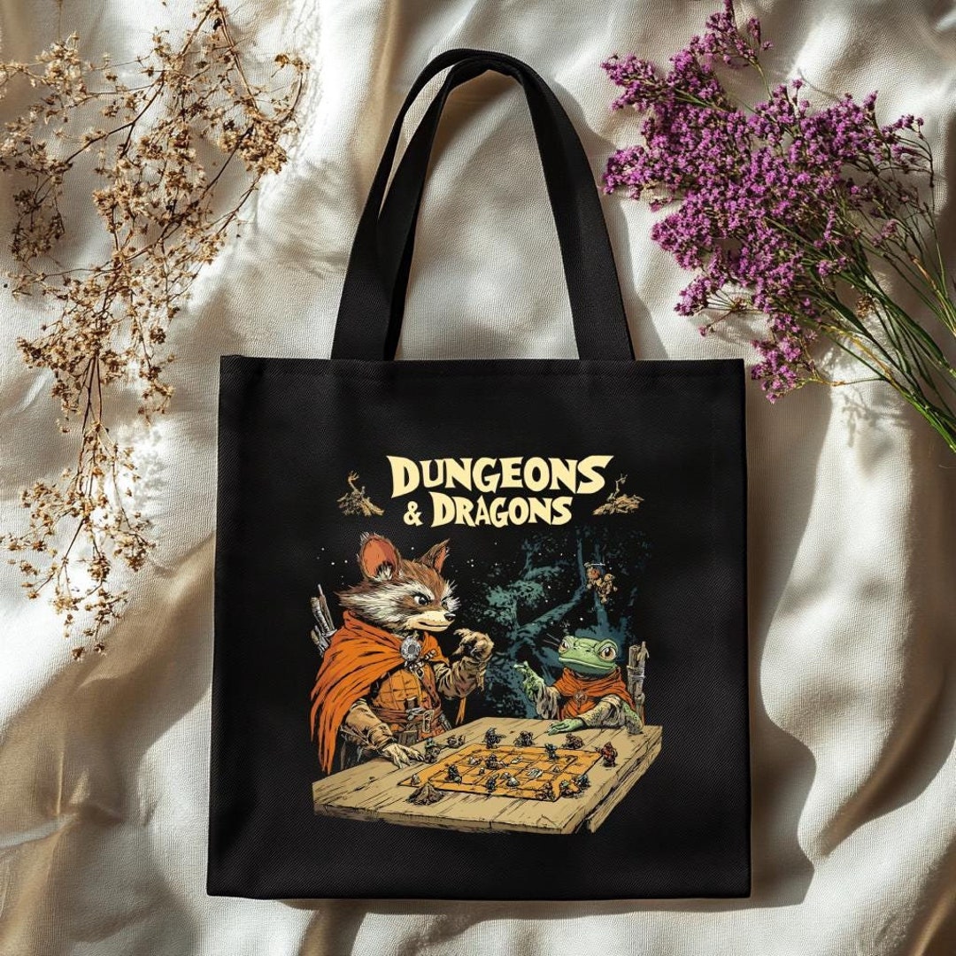 Black Cotton Canvas Tote Bag, Dungeons and Dragons Wizard Raccoon Frog ...