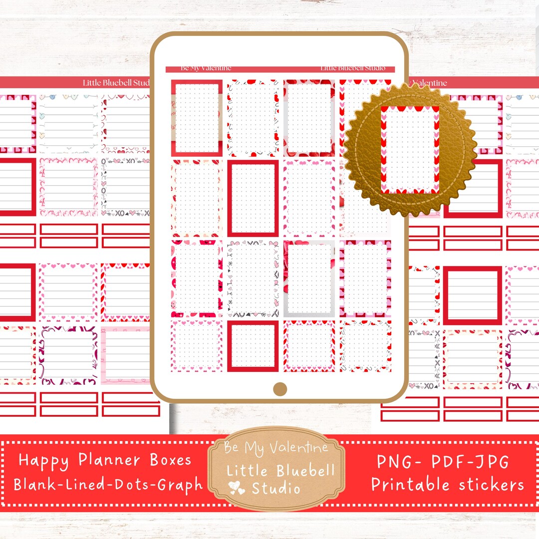 VALENTINE Planner Box. PRINTABLE Boxes for Planner. Happy Planner Box Stickers. Lined, Blank ...