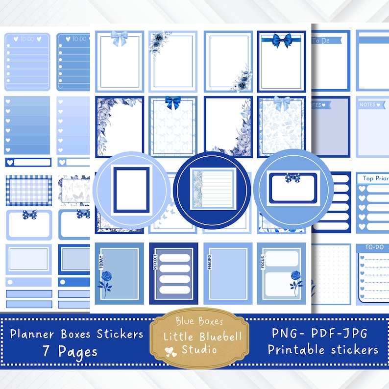 Blue FLORAL BOXES Printable Planner Stickers. Aesthetic Journaling ...