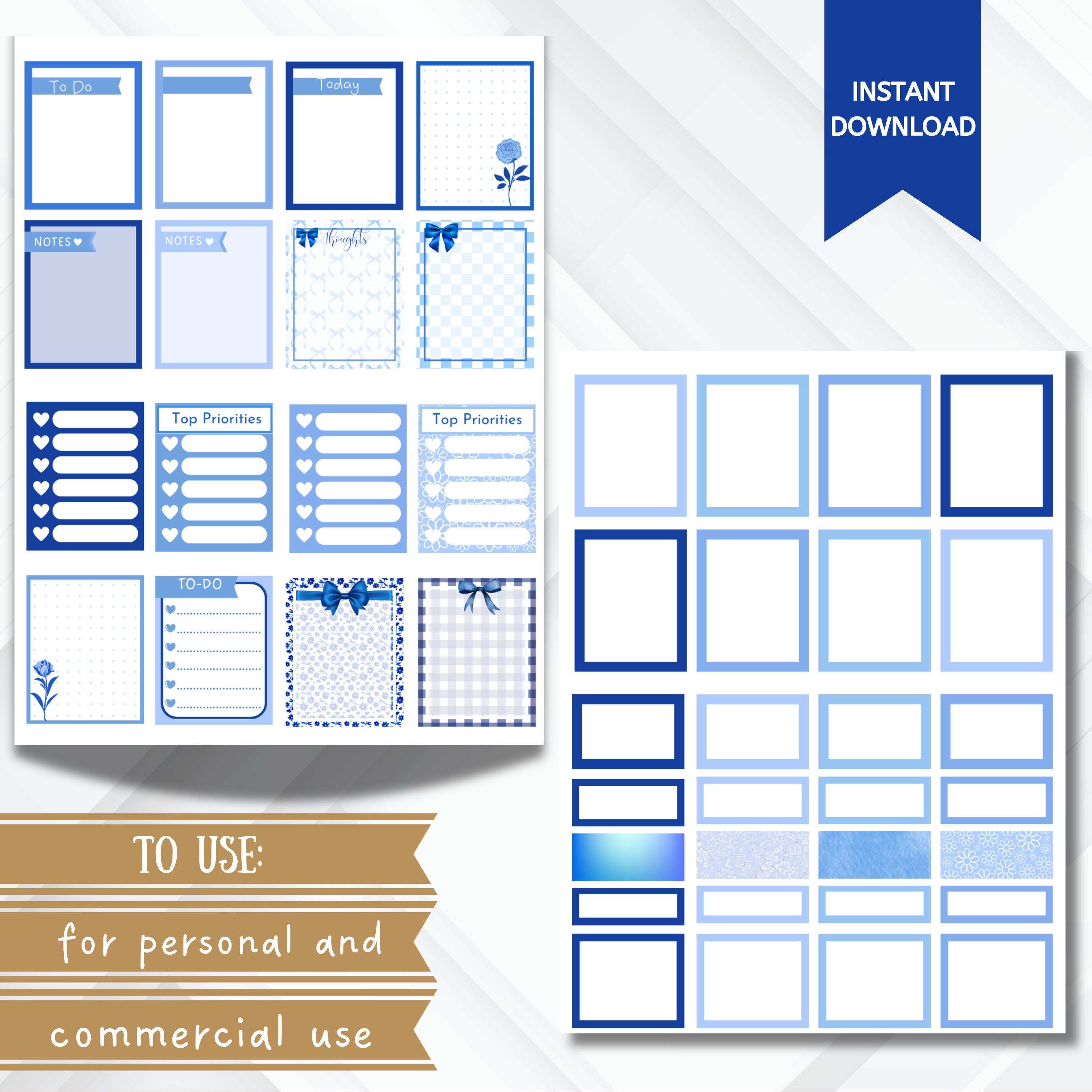 Blue FLORAL BOXES Printable Planner Stickers. Aesthetic Journaling ...